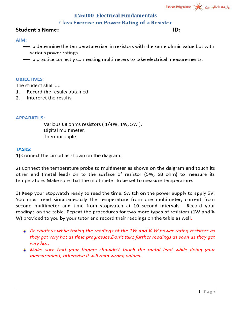 Class Ex-4 - Resistor Power Rating | PDF | Resistor | Electricity