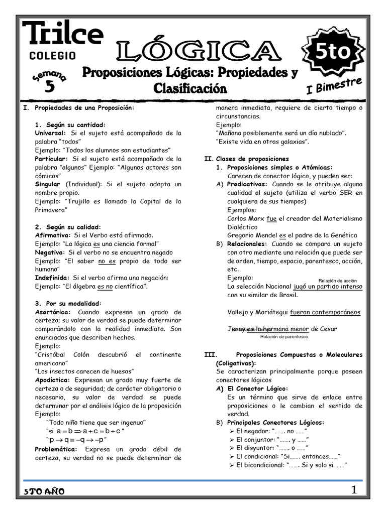 S5 Rl5° Ib Proposiciones Logicas Propiedades y Clasificacion | PDF ...