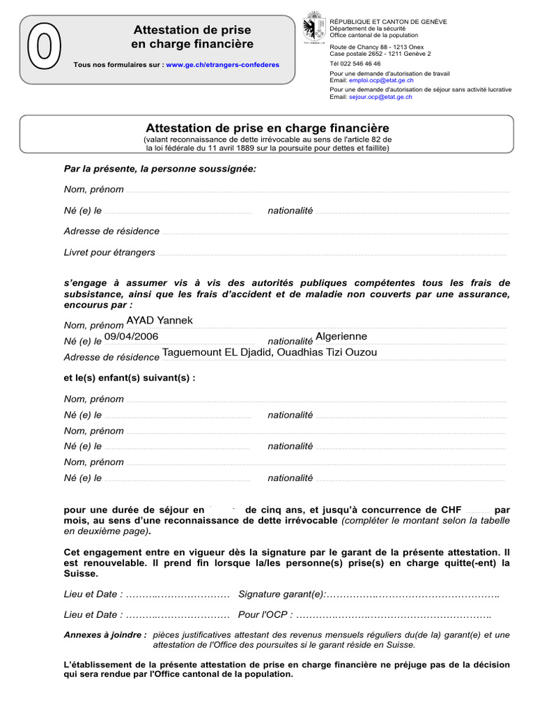 Attestation de prise en charge financière ... - Etat de Genève | PDF