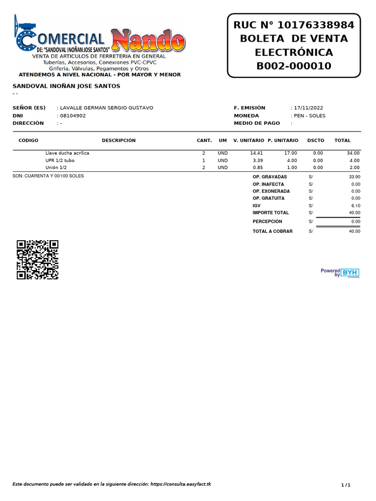 RUC #10176338984 Electrónica Boleta de Venta: Sandoval Inoñan Jose Santos | PDF