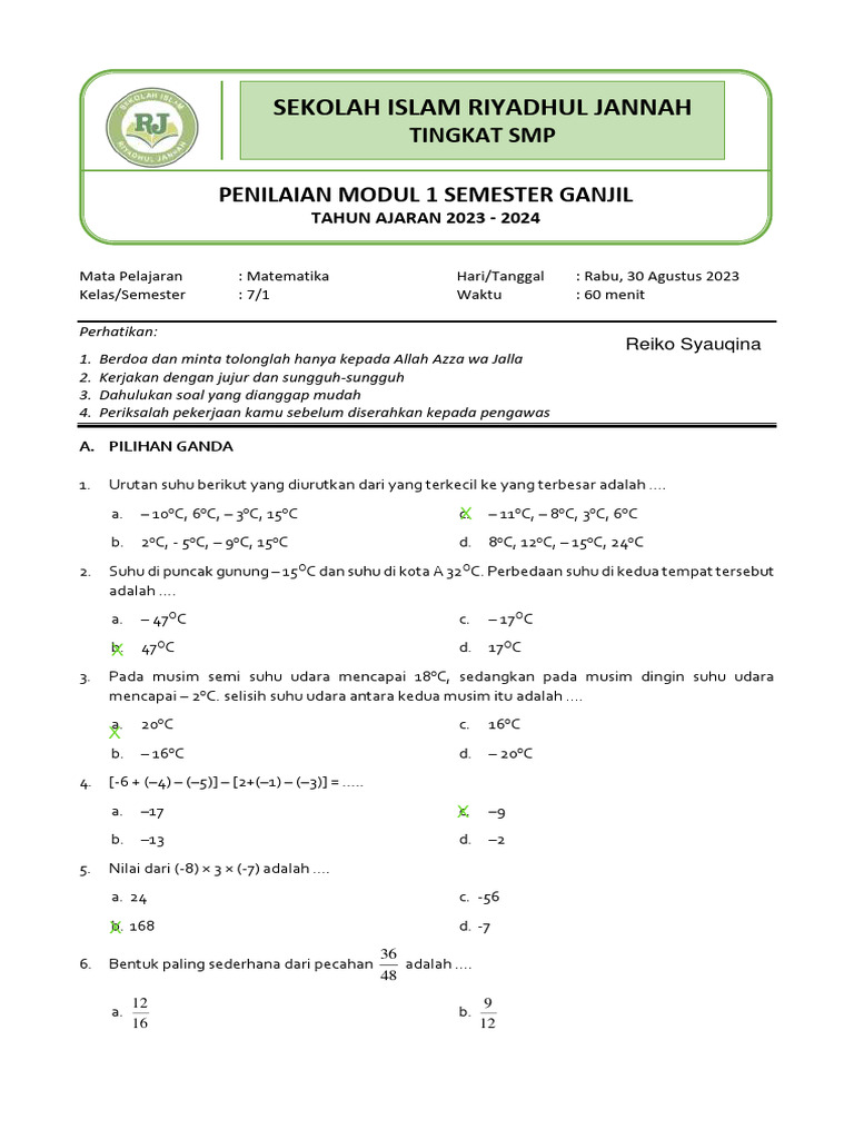 Math Kelas 7 Modul 1 | PDF