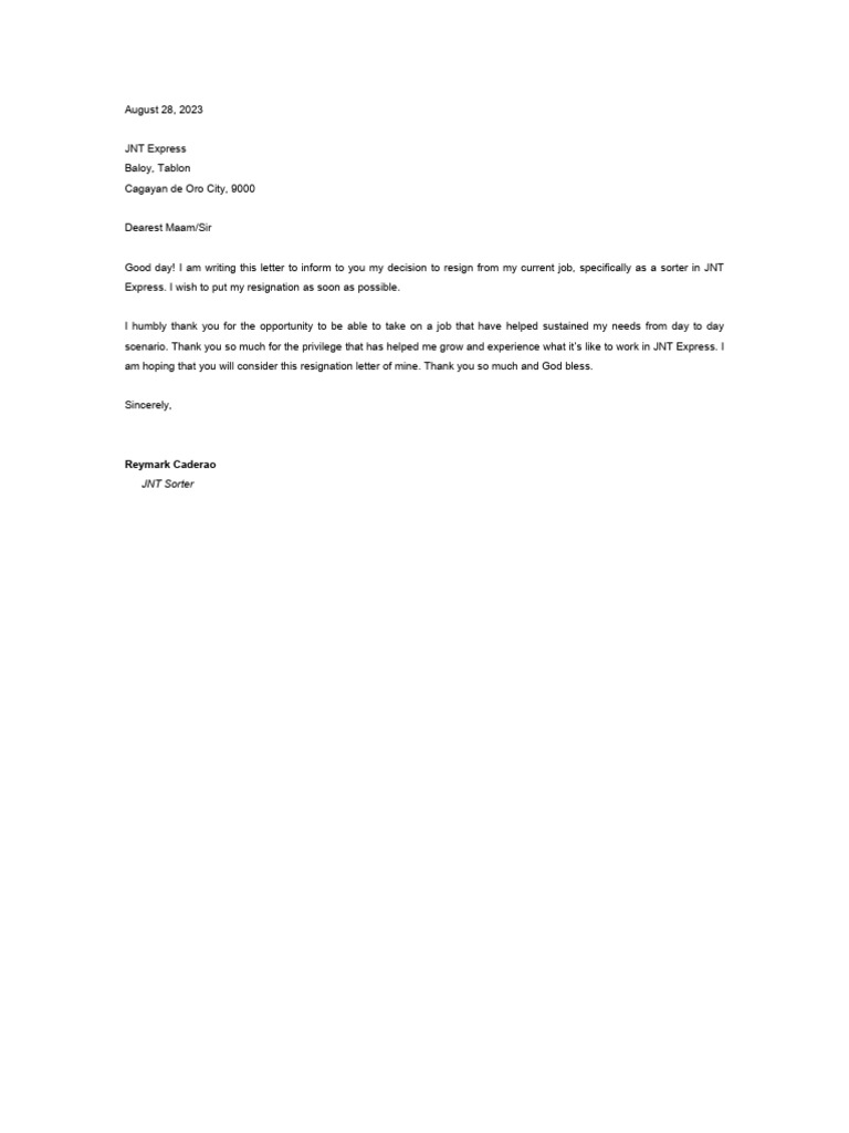 Resignation Letter from JNT Express Sorter | PDF | Career & Growth ...