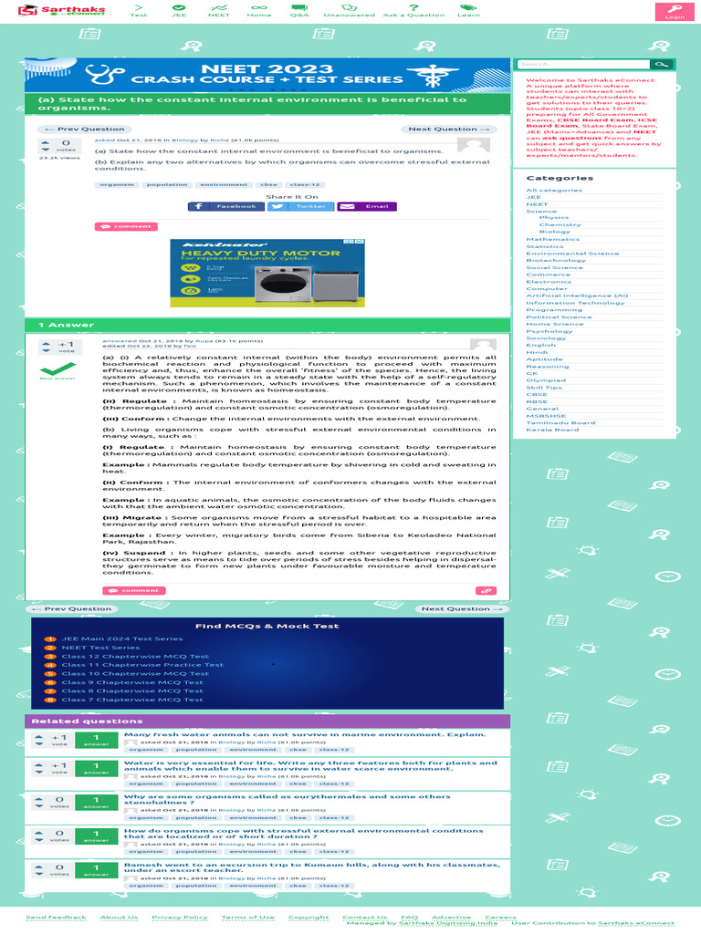 (A) State How The Constant Internal Environment Is Beneficial To ...