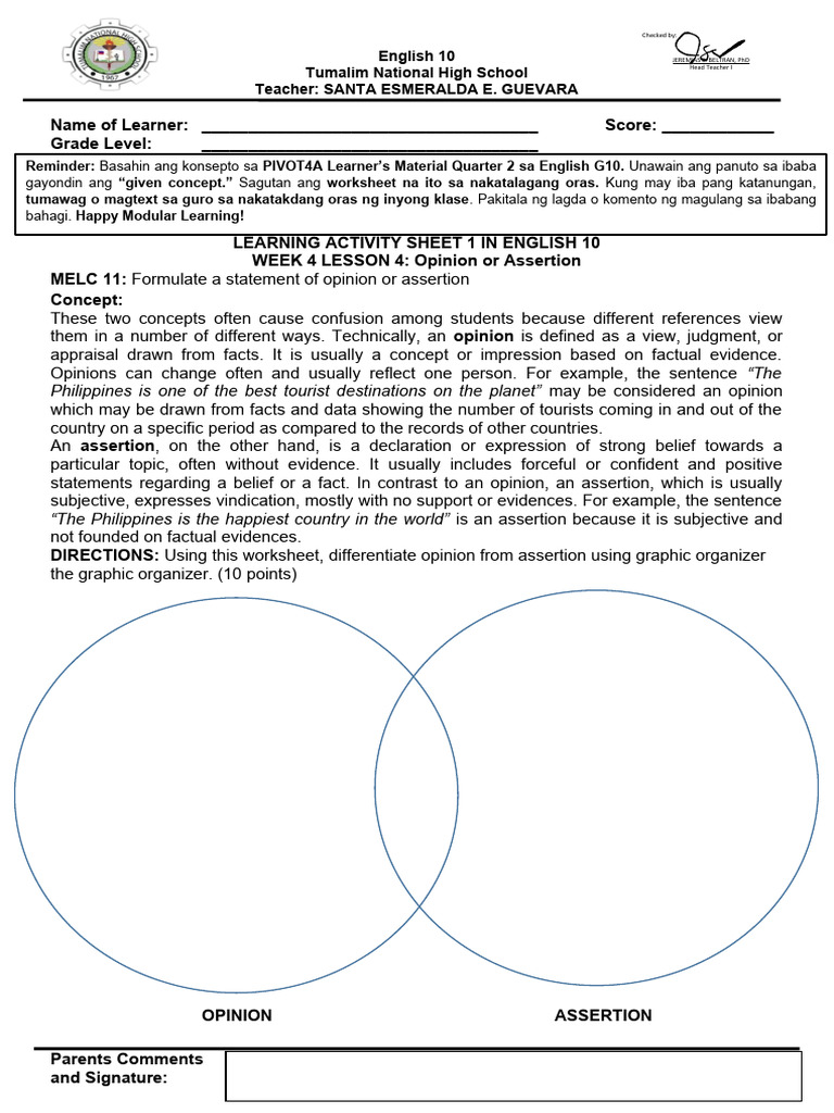 Activity Sheet Melc 10 Eng 10 | PDF