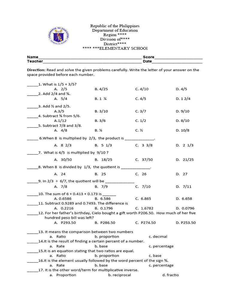 Pre Test Mathematics 6 Pdf Volume Triangle