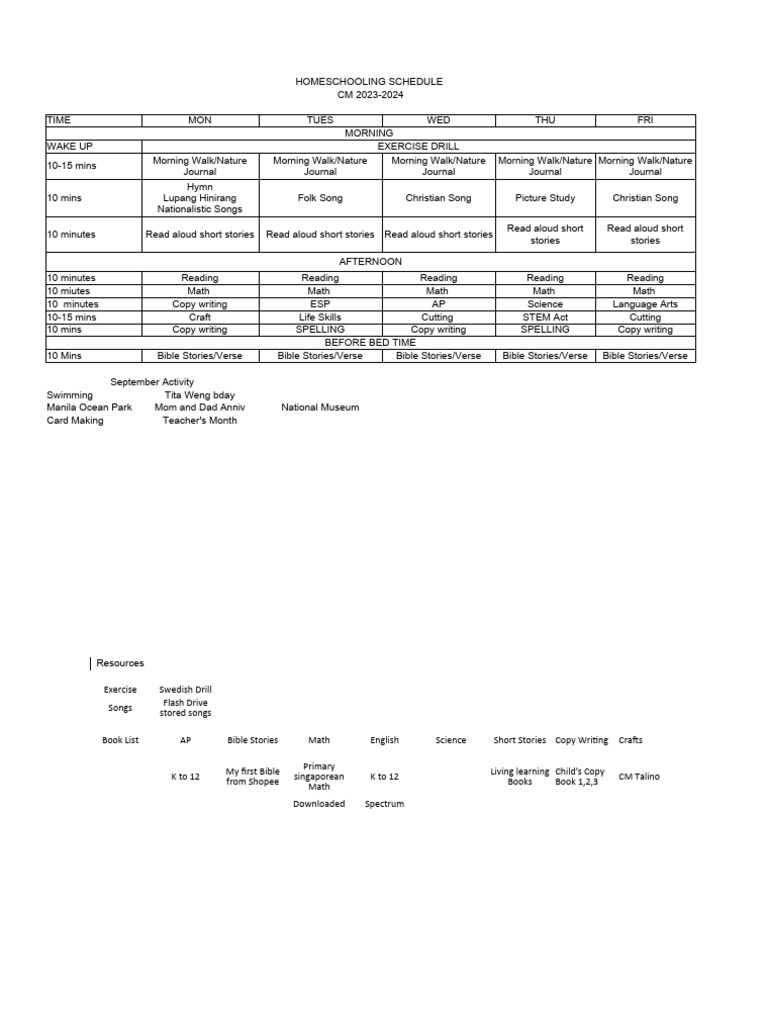 2023-2024 Homeschooling Schedule | PDF