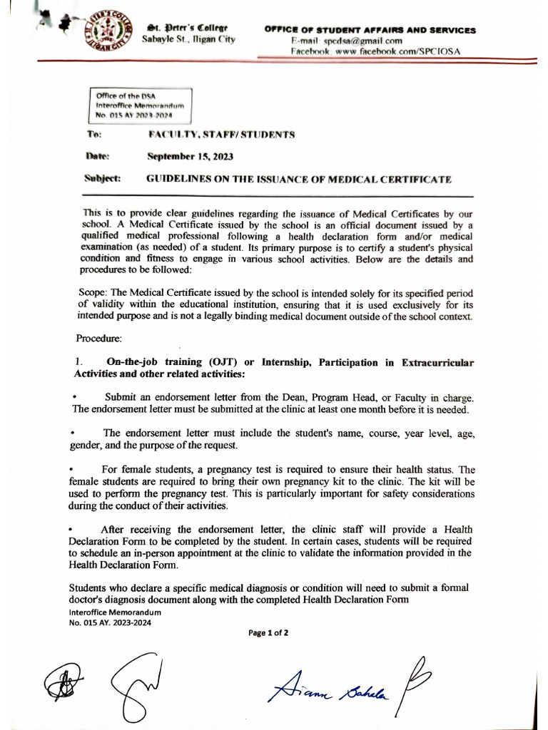 Guidelines On The Issuance of Medical Certificate | PDF