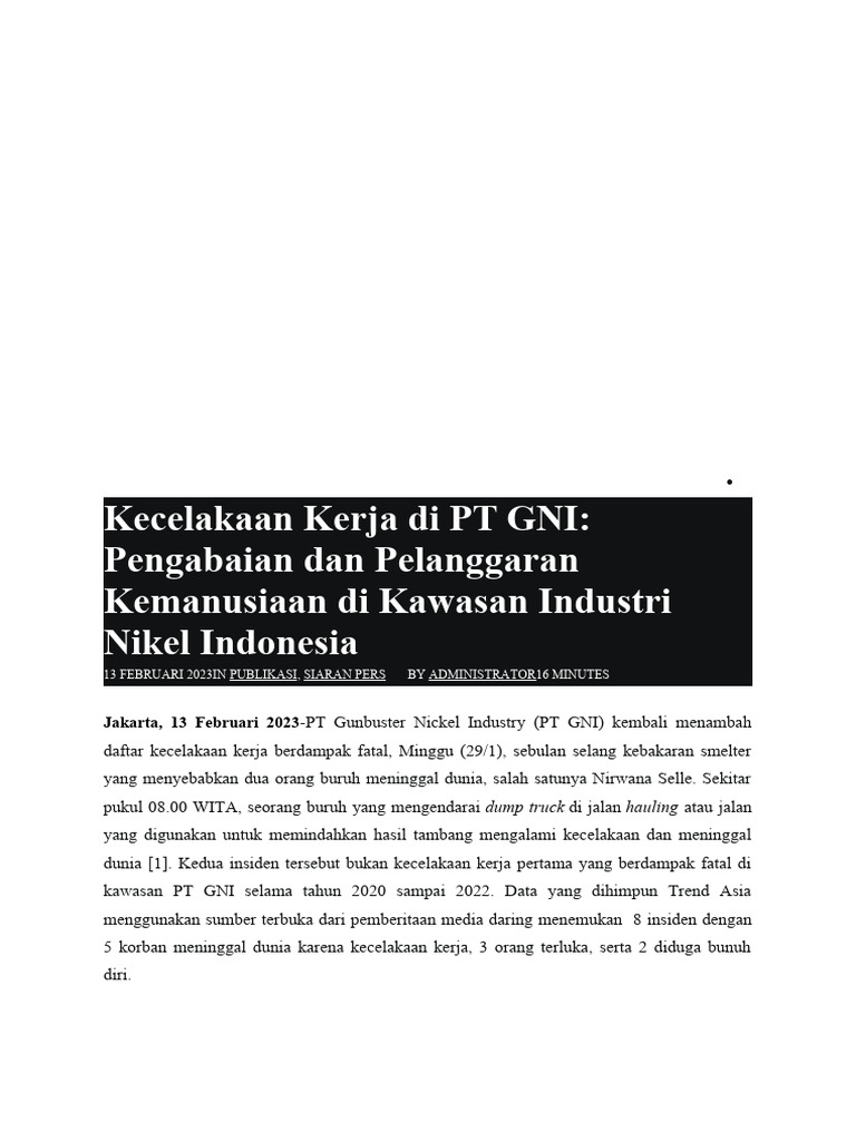 Kecelakaan Kerja Di PT GNI | PDF