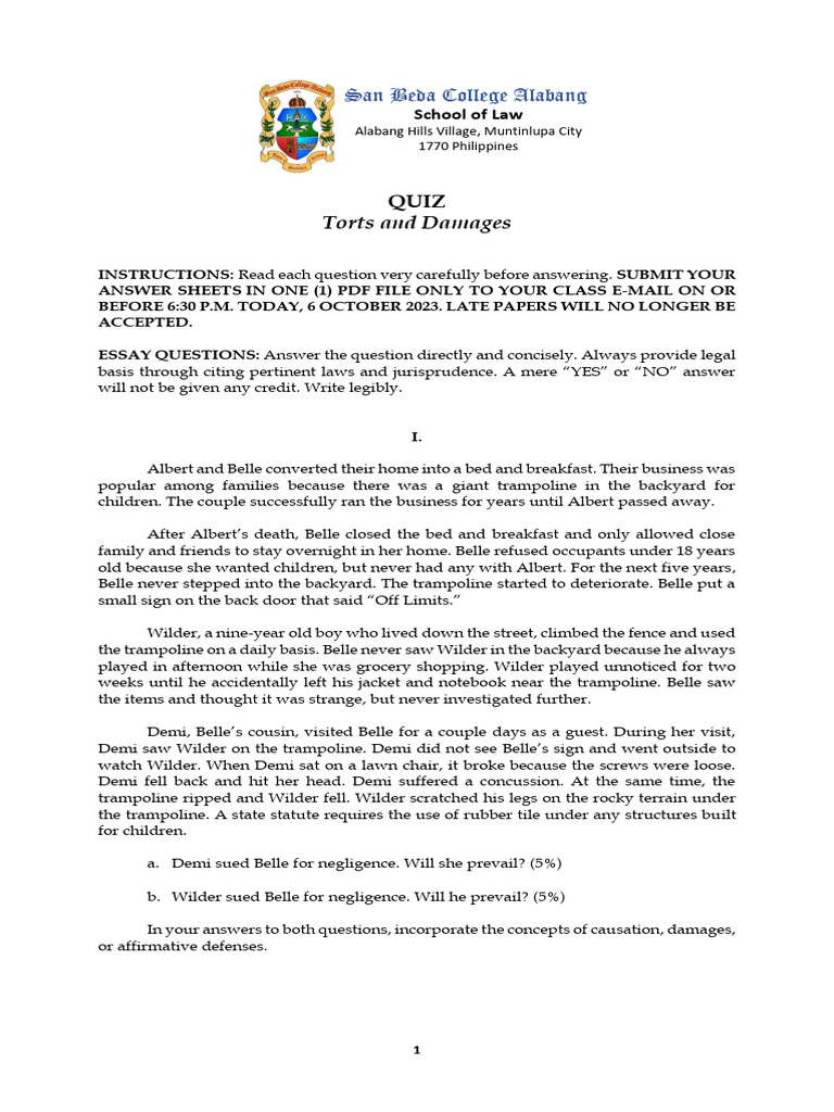 Quiz 2023 Torts and Damages Oct 6 | PDF | Negligence | Damages