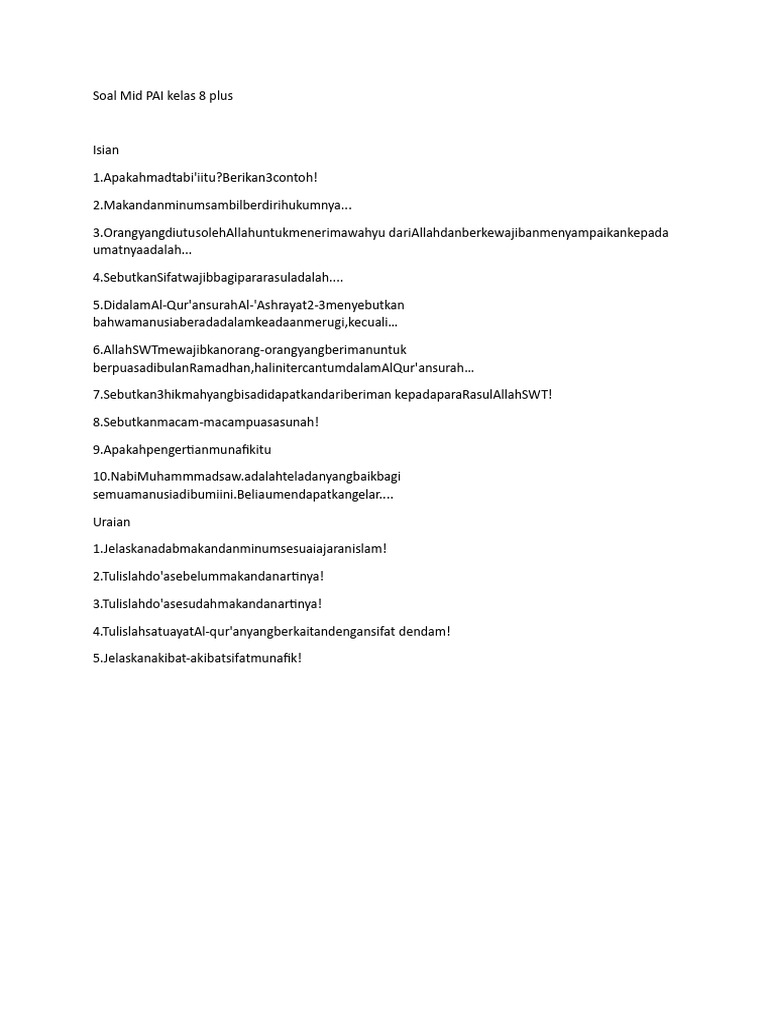 Soal MID Pai Kelas 8 Plus | PDF | Kesehatan Holistik | Agama & Spiritualitas