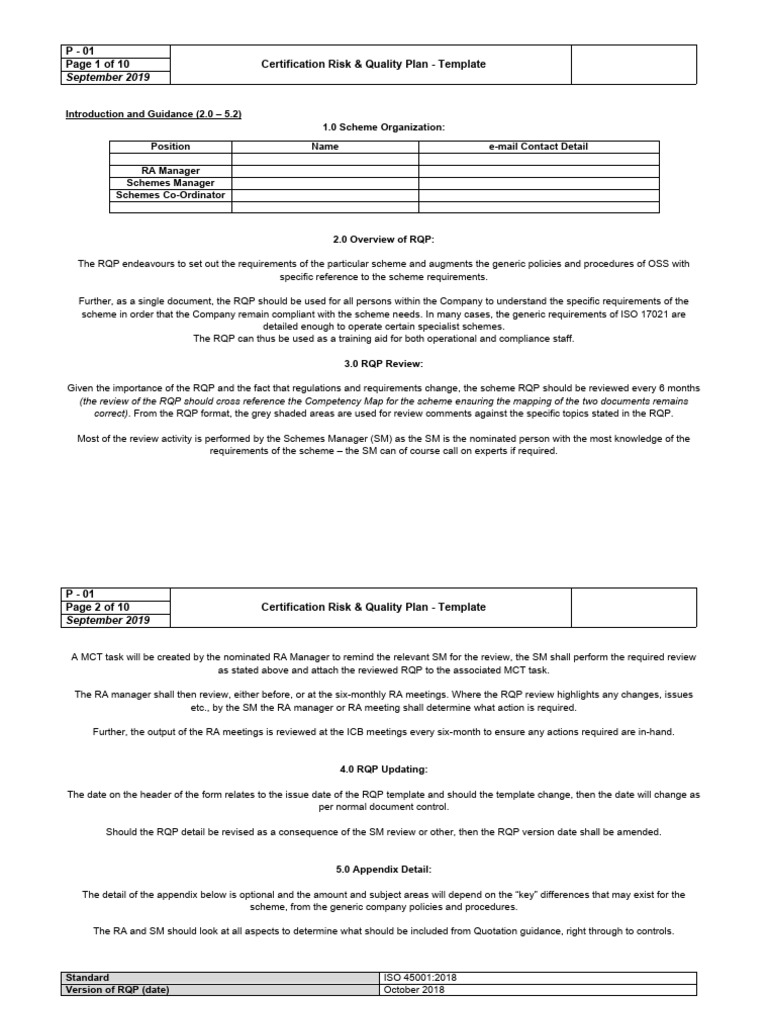 RQP - 01 OSS Certification Risk & Quality Plan - ISO 45001 - 2018 ... RQP - 01 OSS Certification Risk & Quality Plan - ISO 45001 - 2018 ...