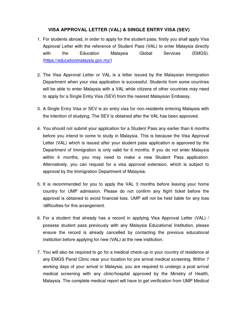 Visa Approval Letter (Val) & Single Entry Visa (Sev) | PDF | Travel ...