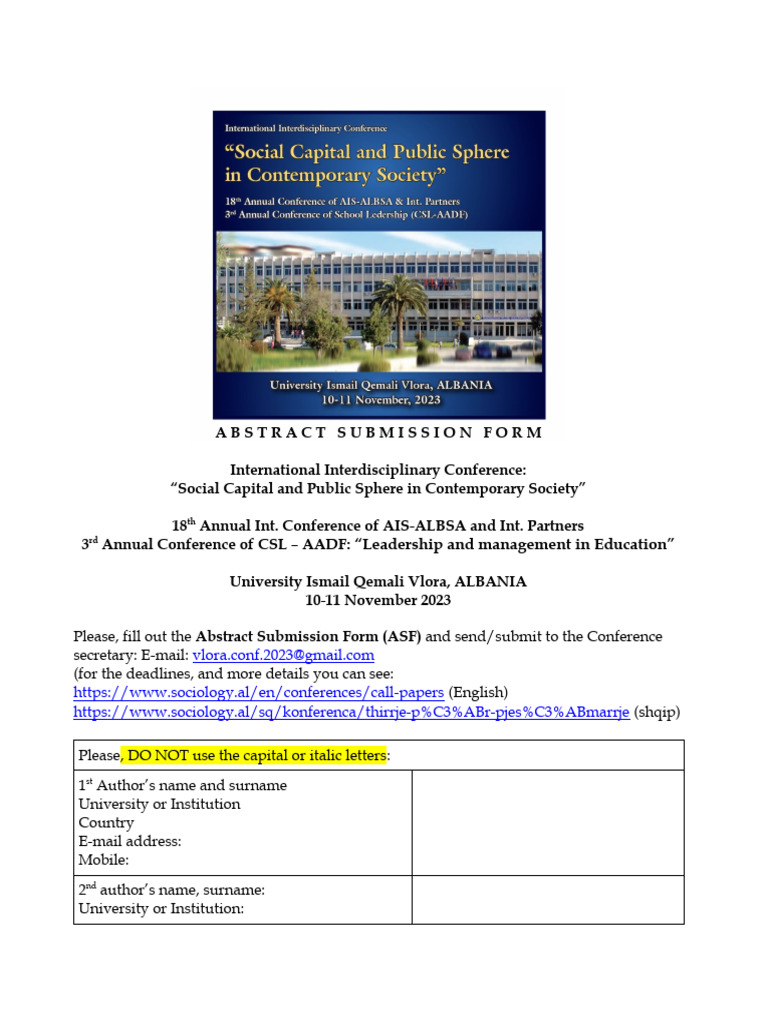 Abstract Submission Form Vlora Int. Conf. 2023 | PDF