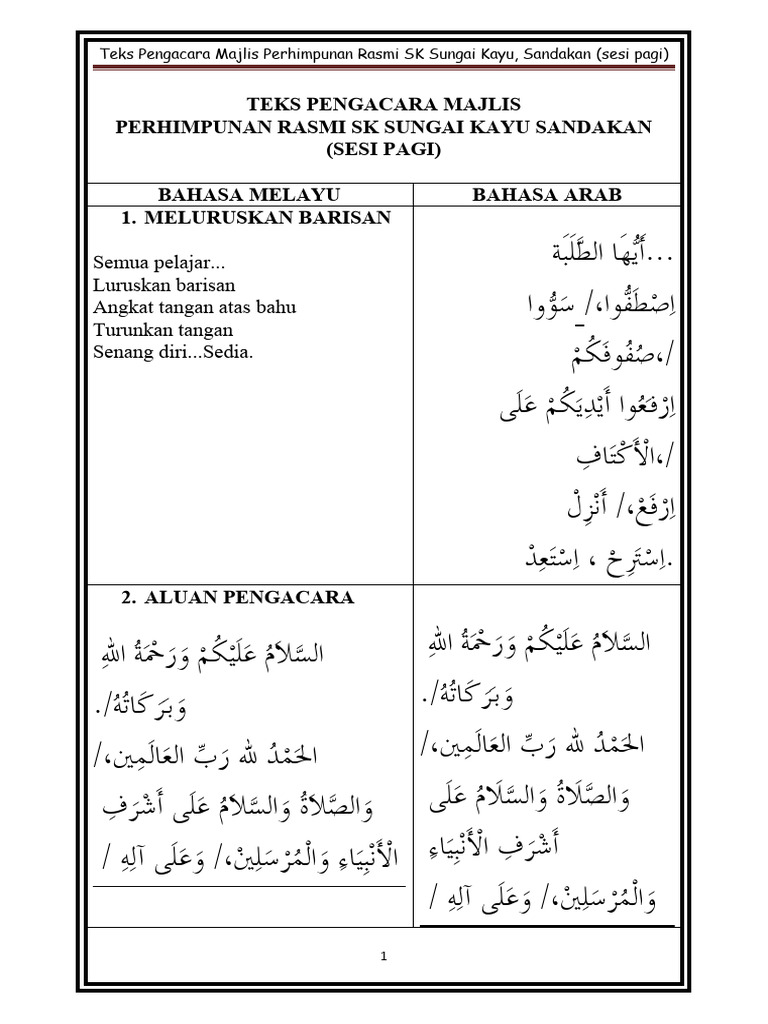 TEKS BA PENGACARA MAJLIS PERHIMPUNAN SEKOLAH sesi pagi | PDF
