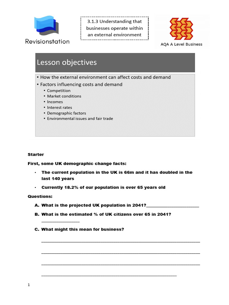 Business in External Worksheet | PDF | Fair Trade | Cost