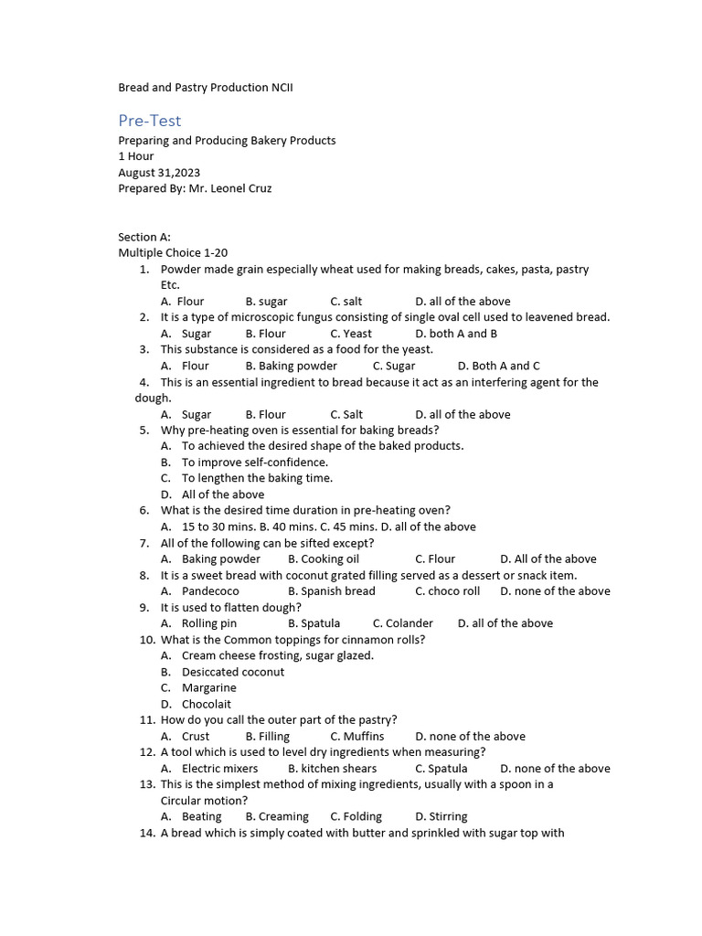 Bread and Pastry Production NCIIpre-test | PDF