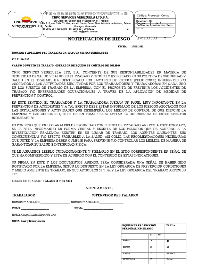 Notificación de Riesgo Laboral en CNPC | PDF | Venezuela | Salud y ...