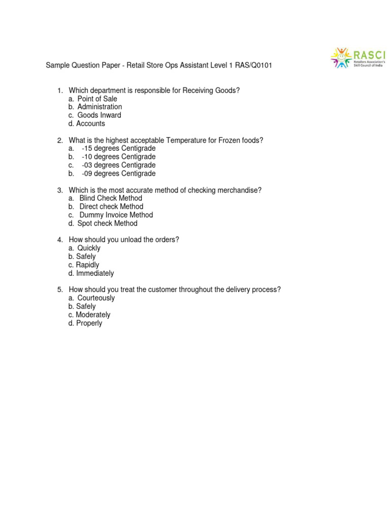 Rasc I Retail Store Operations Assistant Question Bank | PDF | Finance ...