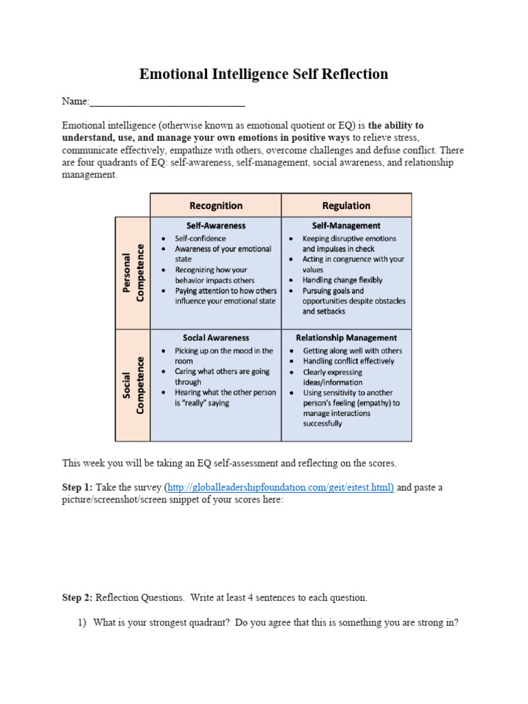Emotional Intelligence Self Reflection | PDF | Emotional Intelligence ...