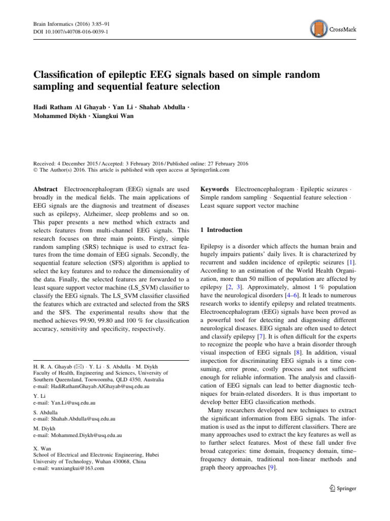 Classification of Epileptic EEG Signals Based On Simple Random Sampling and Sequential Feature ...