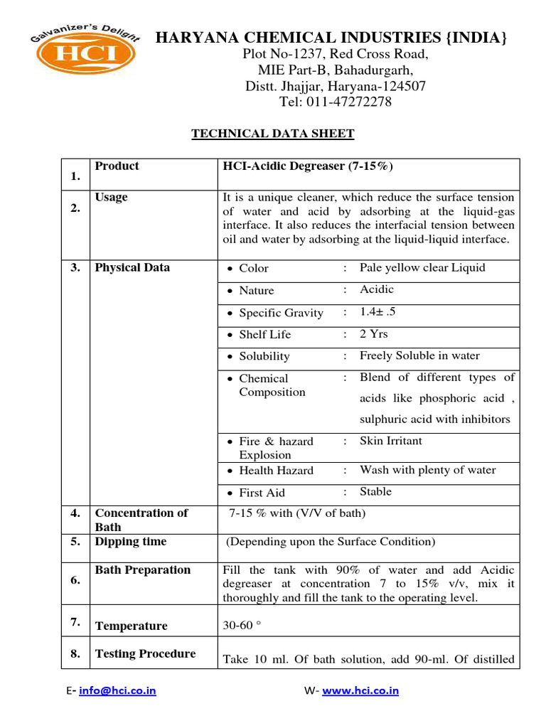 HCI Acidic Degreaser Technical Data Sheet | PDF | Water | Sodium Hydroxide