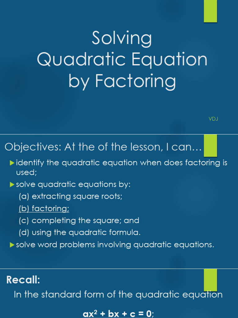 Lesson 2 2 Solving Quadratic Equation By Factoring Pdf Quadratic Equation Factorization