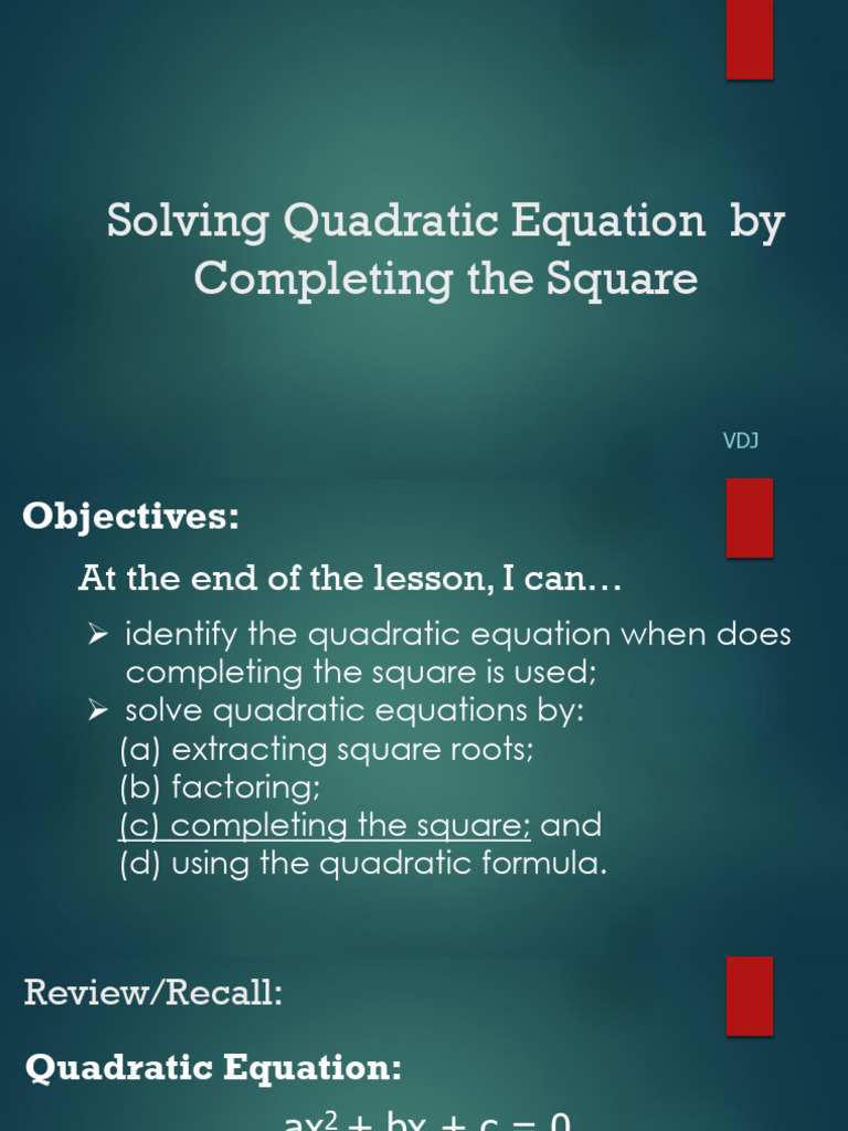 Lesson 2 3 Solving Quadratic Equation by Completing The Square | PDF ...