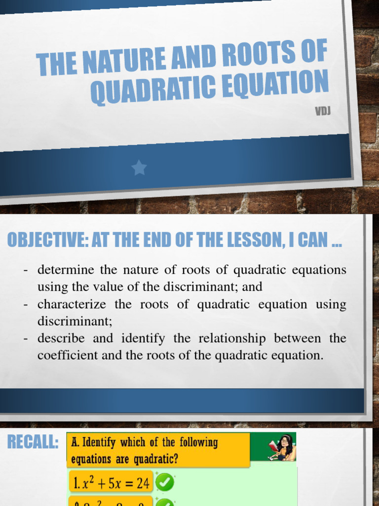 Lesson 1 2 The Nature and Roots of Quadratic Equation Discriminant ...
