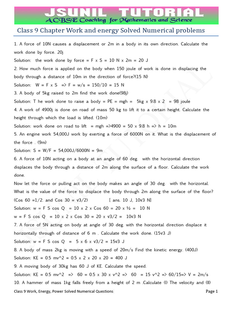 Class 9 Work Energy Power Solved Numerical Questions - 7 | PDF | Force ...