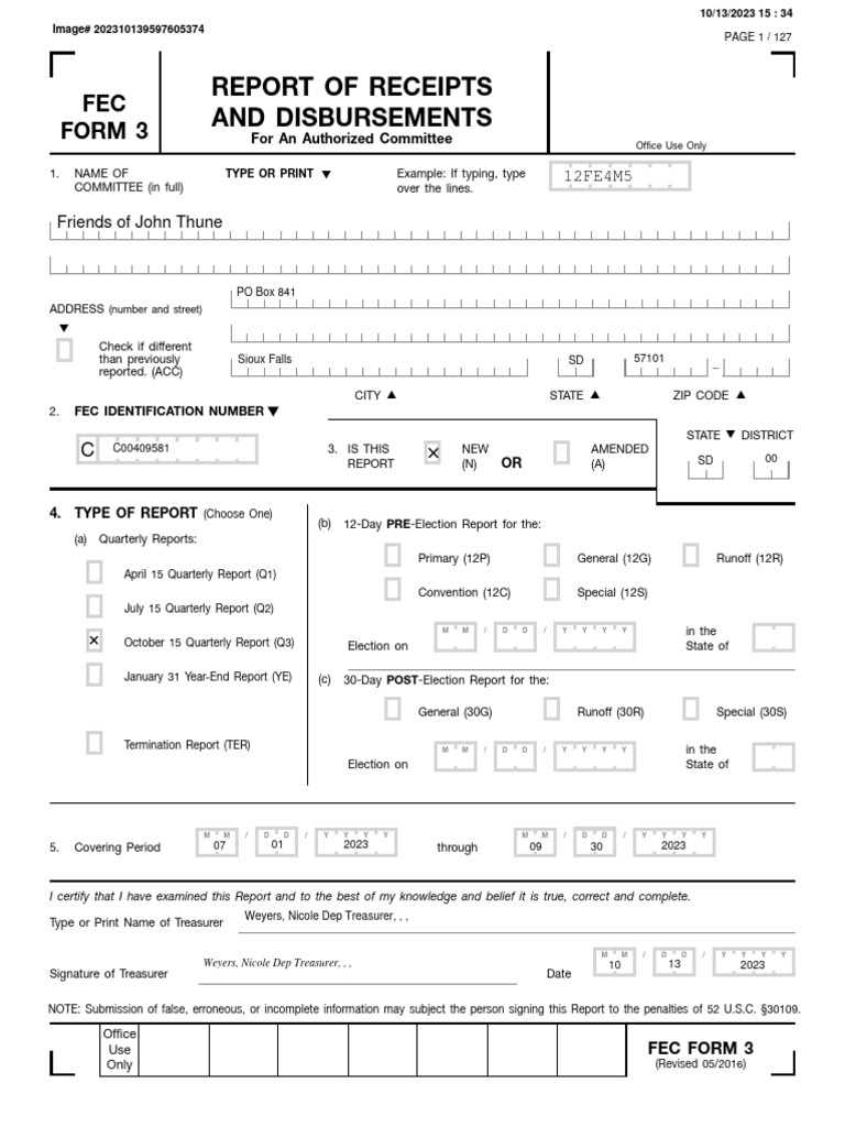 FEC Form 3: Friends of John Thune Report | PDF | Political Action ...