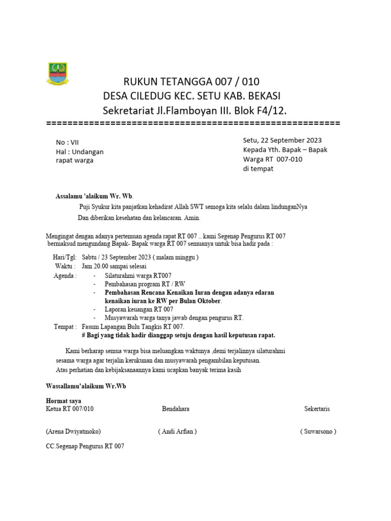 Undangan Rapat RT 007 | PDF