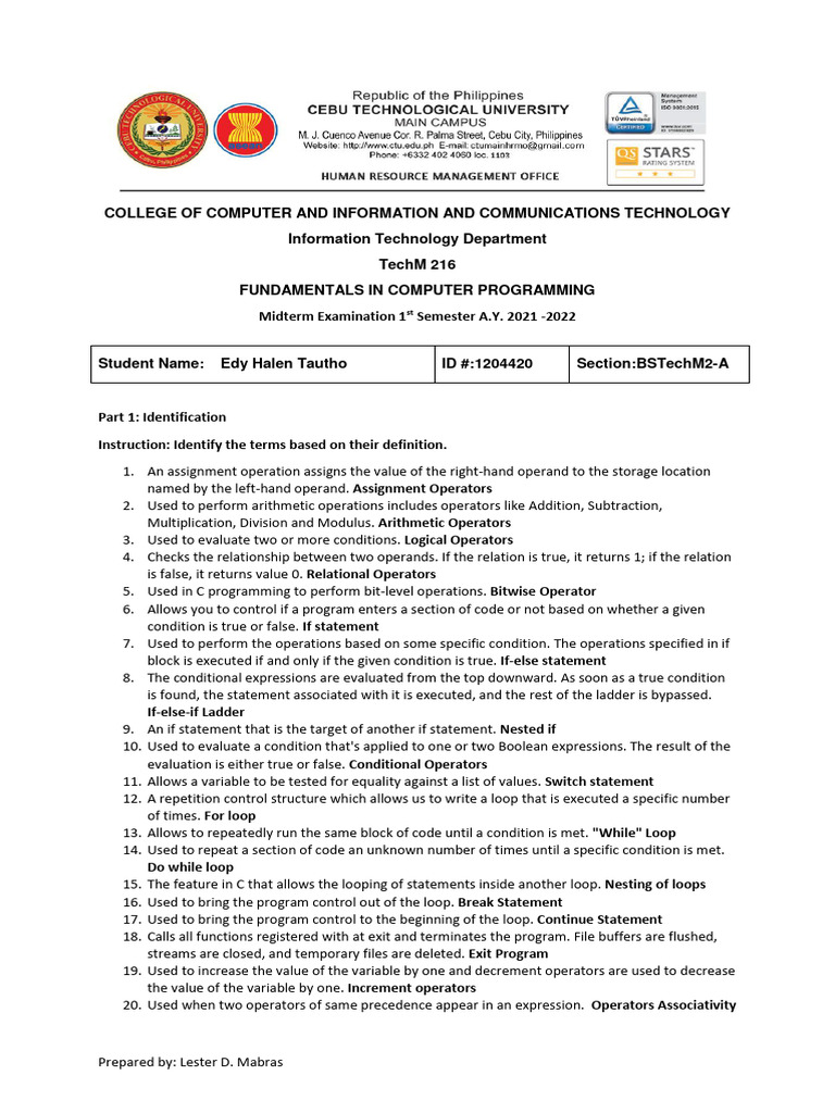 MABRAS - TechM216 - MIDTERM - TAUTHO | PDF | Control Flow | Computer Engineering