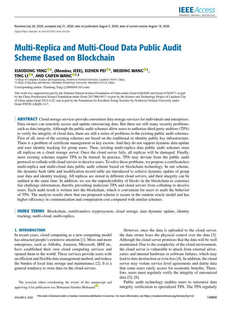 Multi-Replica and Multi-Cloud Data Public Audit Scheme Based On Blockchain | PDF | Cloud ...