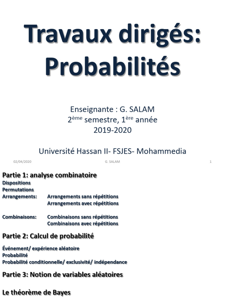 Combinaisons et Probabilités en TD | PDF | Loi de probabilité | Probabilité