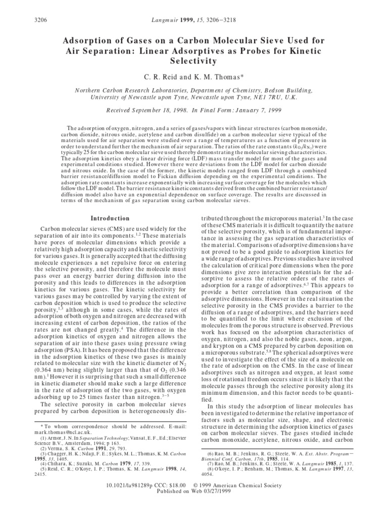 Adsorption of Gases On A Carbon Molecular Sieve Used For Air Separation | PDF