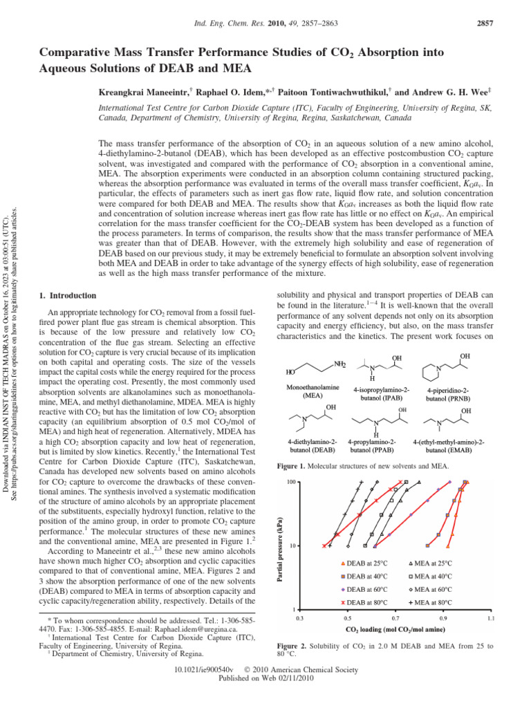 Maneeintr Et Al 2010 Comparative Mass Transfer Performance Studies of Co2 Absorption Into ...