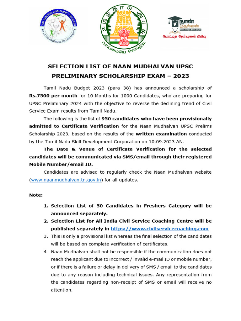 Selection List For Naan Mudhalvan Upsc Preliminary Scholarship Exam | PDF