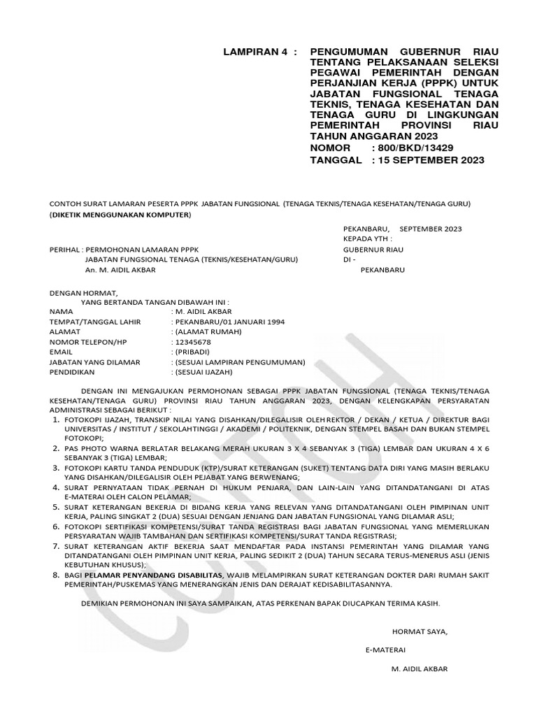 Lampiran 4. Surat Lamaran PPPK | PDF