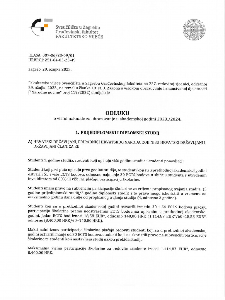 Odluka o Visini Naknade Za Obrazovanje Za Akademsku Godinu 2023.2024. | PDF