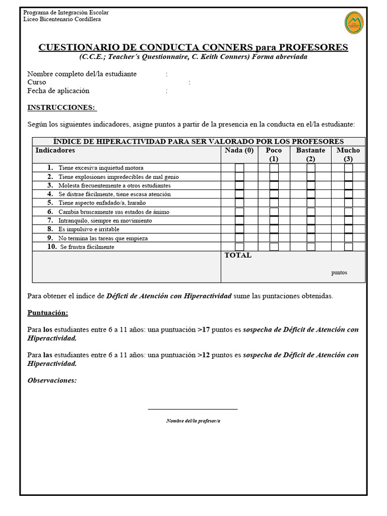 Test de Conners ABREVIADO | PDF
