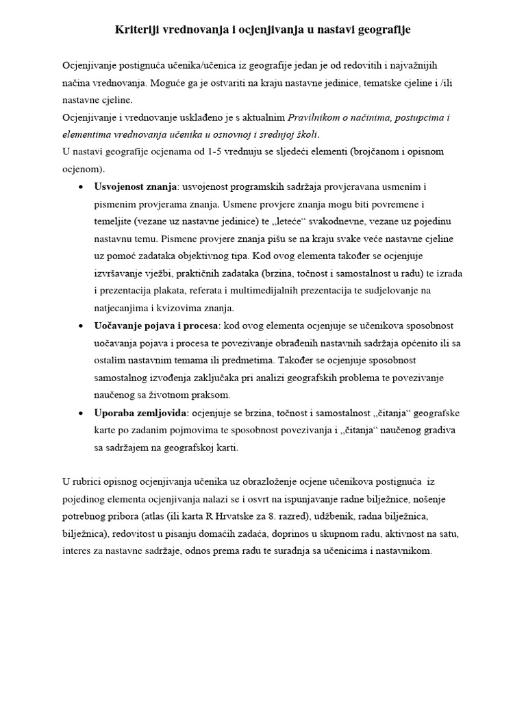 Kriteriji Vrednovanja I Ocjenjivanja U Nastavi Geografije | PDF