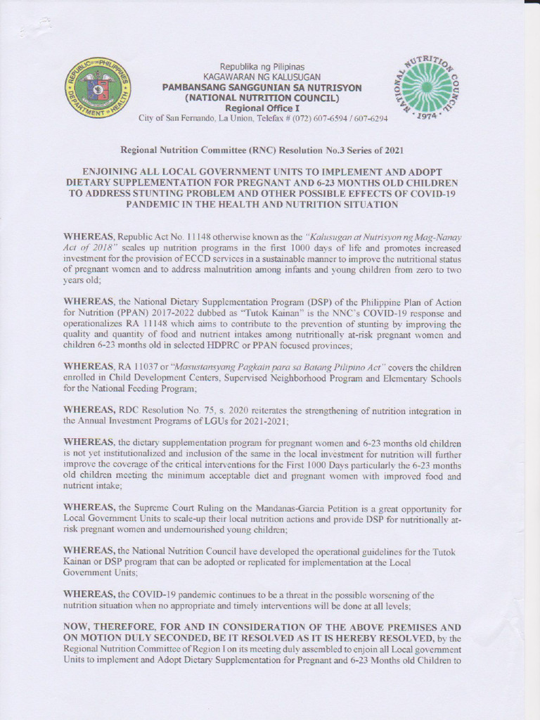 RNC Reso No. 3s. 2021 Adopt DSP For PW and 6 23 Mos Children | PDF