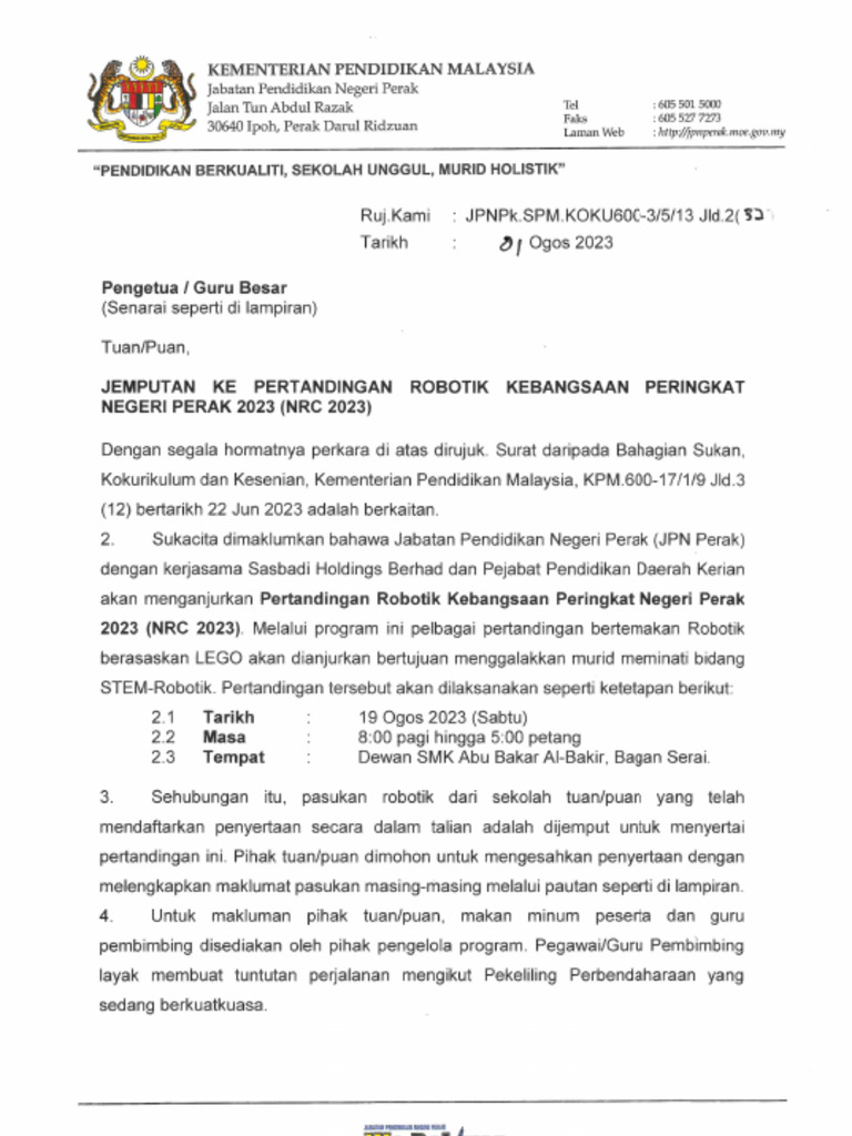 Surat Jemputan Pertandingan Robotik Kebangsaan Peringkat Negeri | PDF