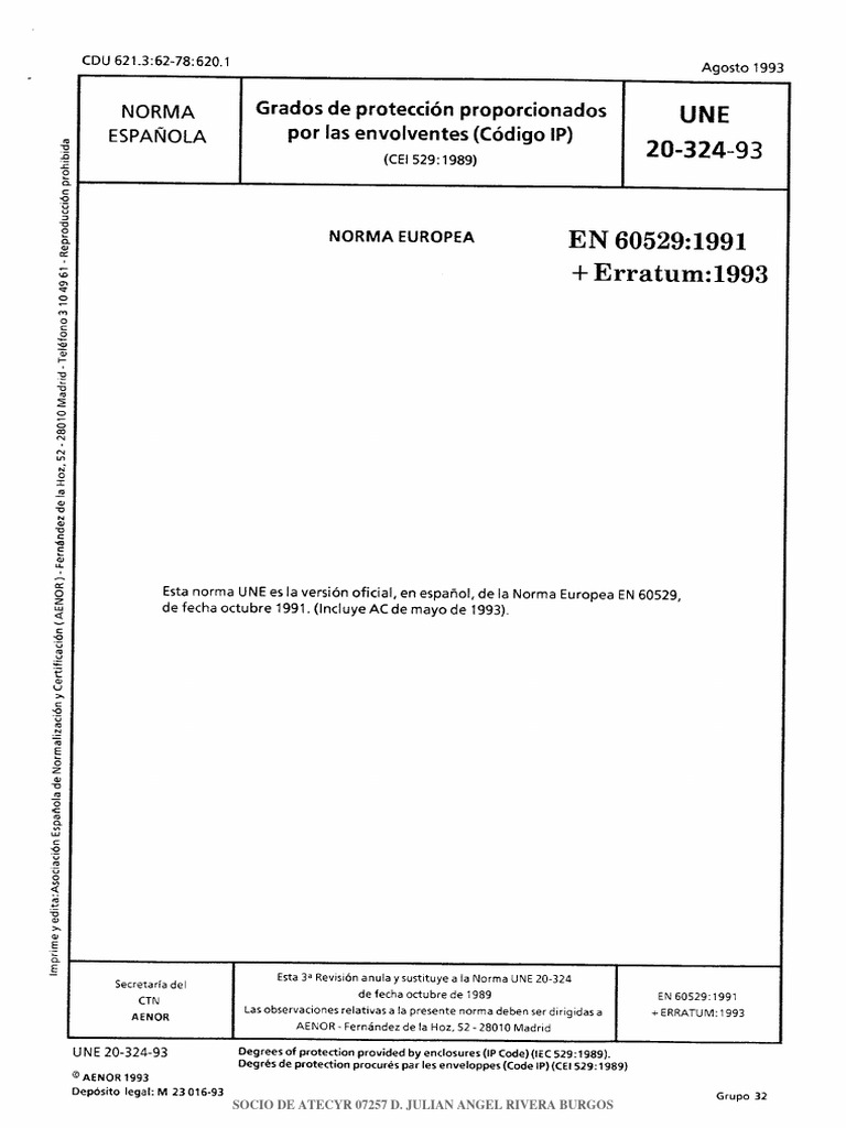 Une - 20324 - 1993 Grados Proteccion Envolventes Cod Ip - Cei529 - 1989 ...