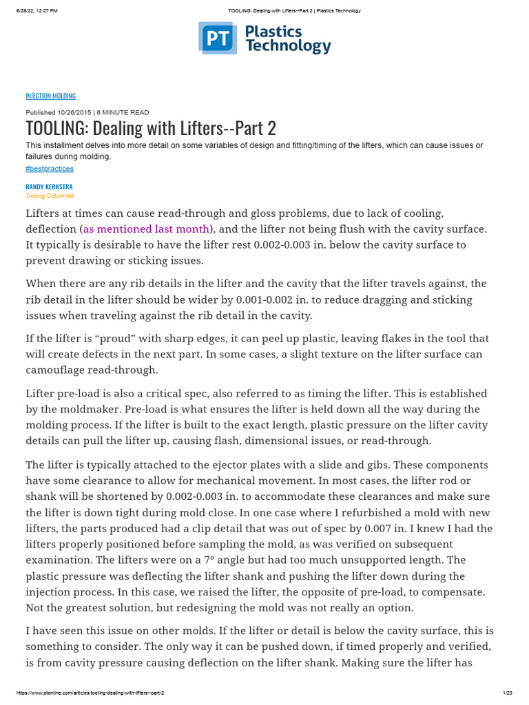 TOOLING - Dealing With Lifters - Part 2 - Plastics Technology | PDF ...