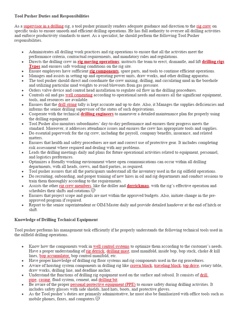 Tool Pusher Duties and Responsibilities | PDF | Oil Well | Drilling Rig