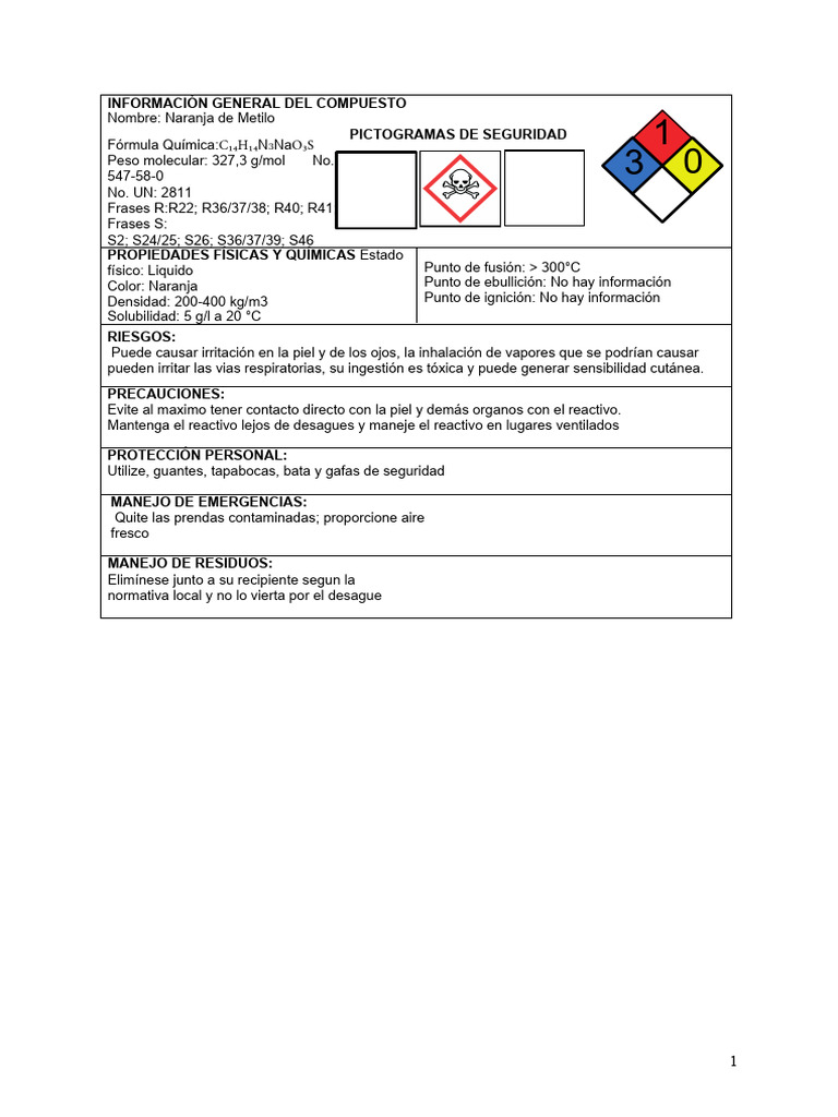 Ficha de Seguridad del Naranja de Metilo | PDF