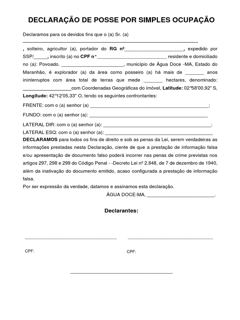 Cópia de DECLARAÇÃO DE POSSE-Modelo-1 | PDF