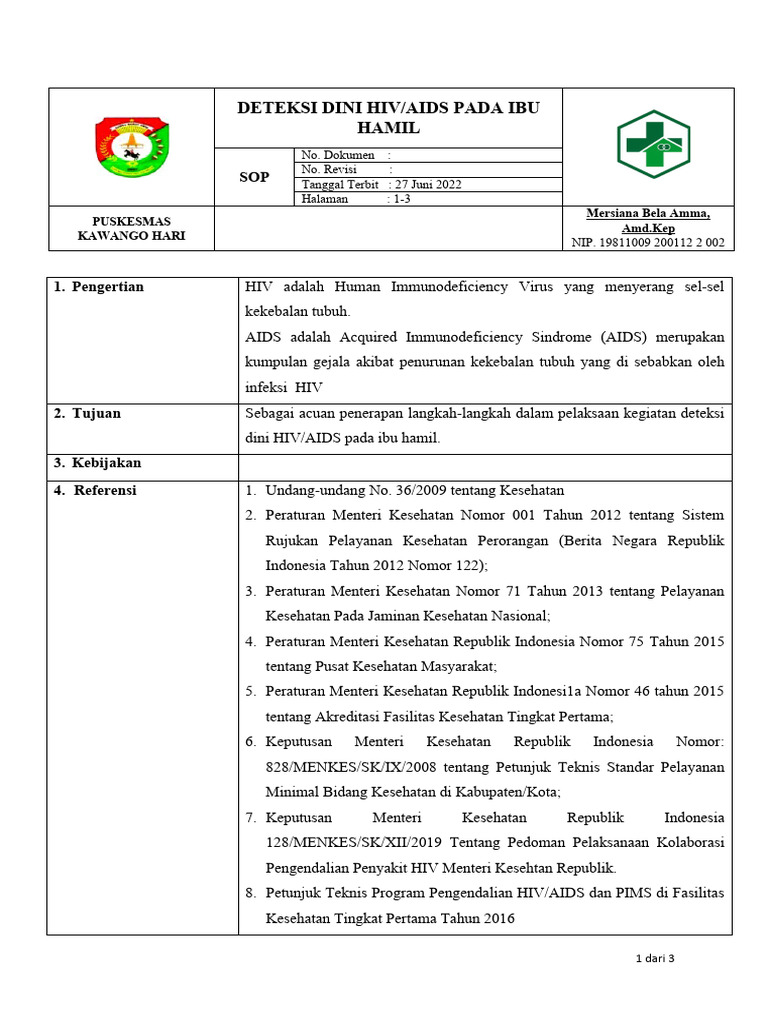 SOP Deteksi Dini HIV AIDS Pada Ibu Hamil Miren | PDF