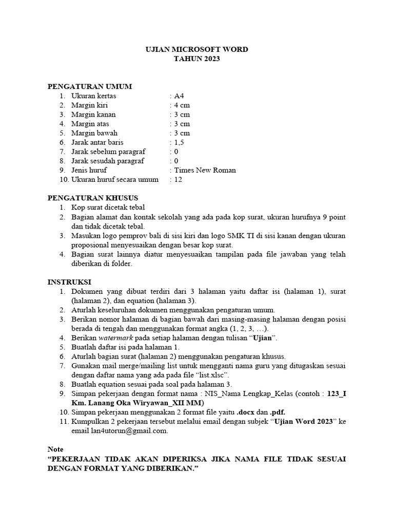 Instruksi Ujian Ms. Word 2023 | PDF